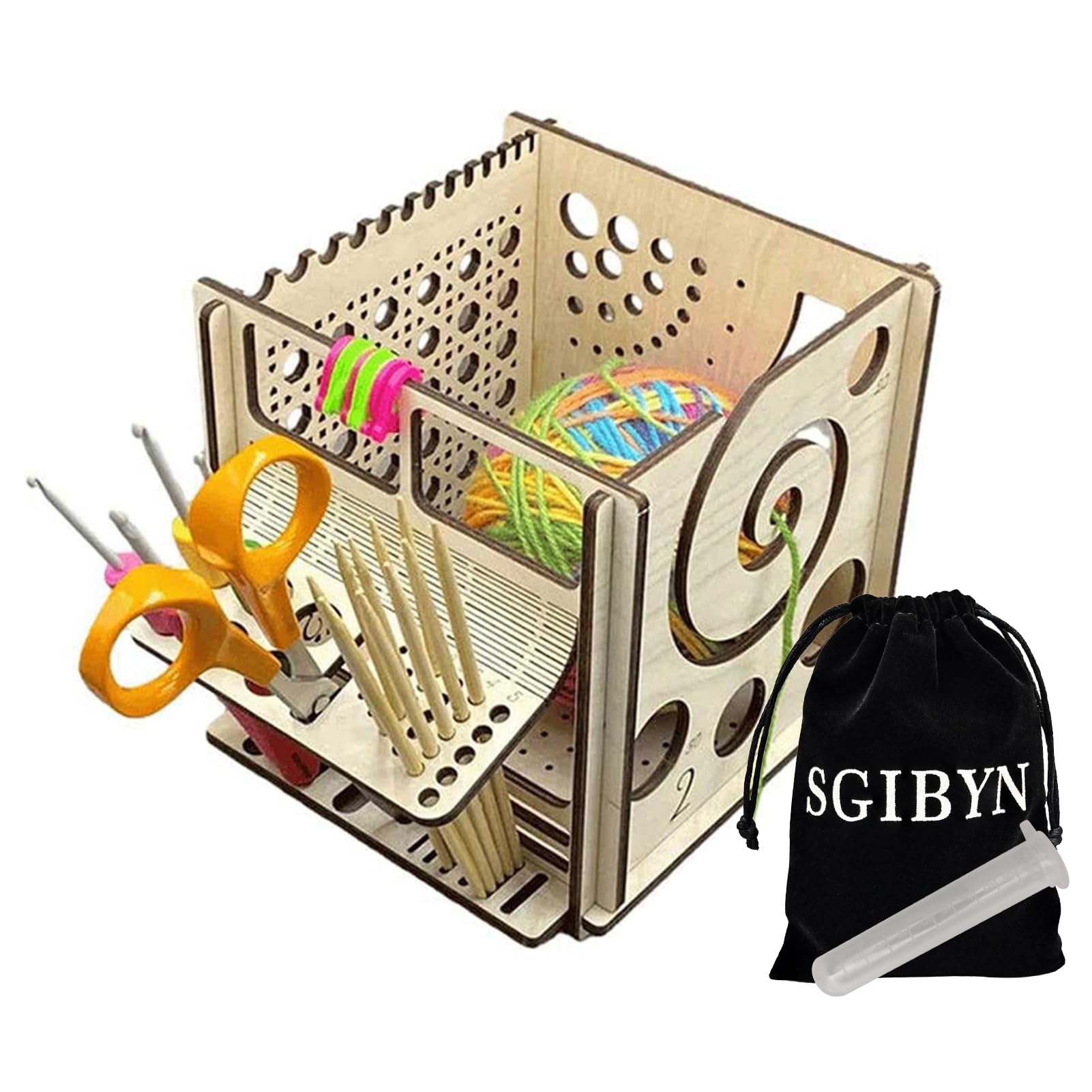 SGIBYN All-in-One Wooden Yarn Bowl for Knitting with Needle Tubes and Velvet Storage Bag.Multifunctional Knitting Tool, Wooden Yarn Bowl Knitting Bowl, Yarn Organizers and Storage.