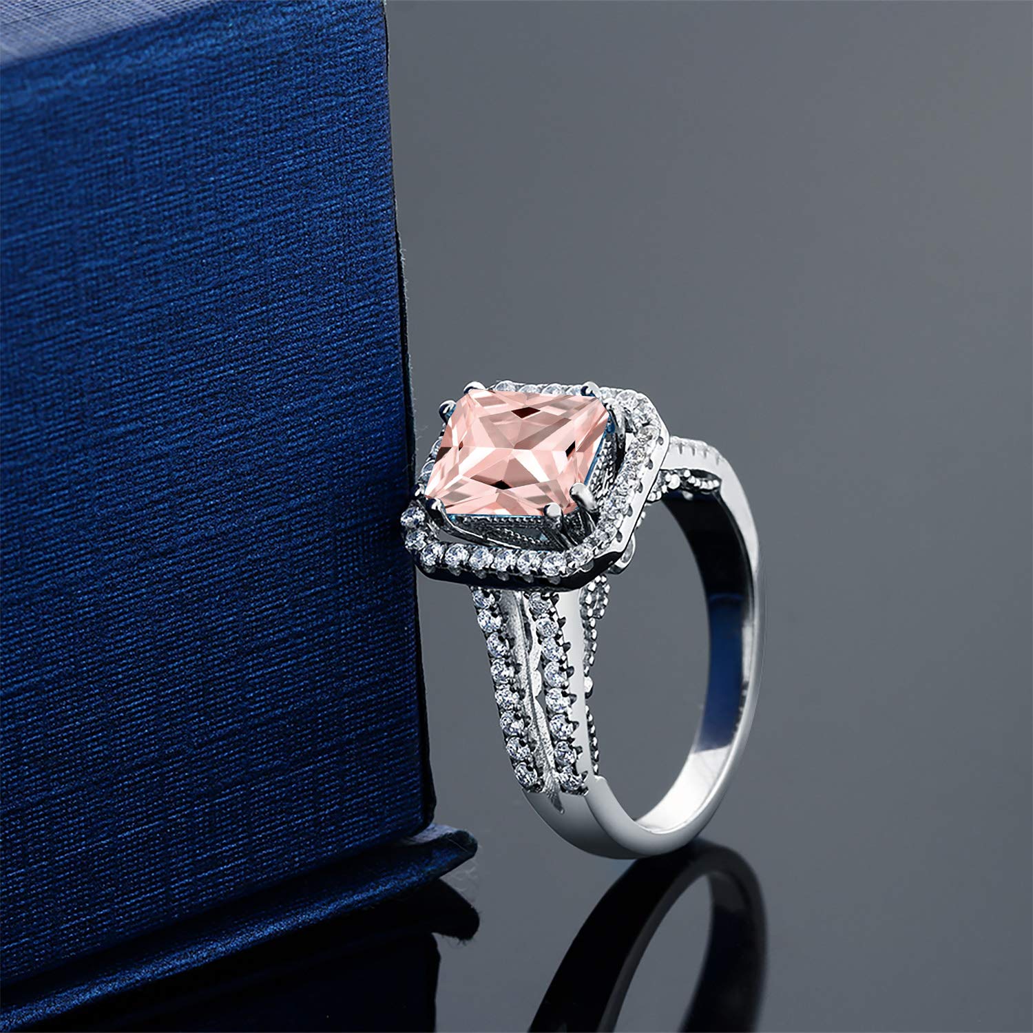 Gem Stone King 925 Sterling Silver Peach Simulated Morganite Ring For Women (2.78 Cttw, Emerald Cut 9X7MM, Available In Size 5, 6, 7, 8, 9)