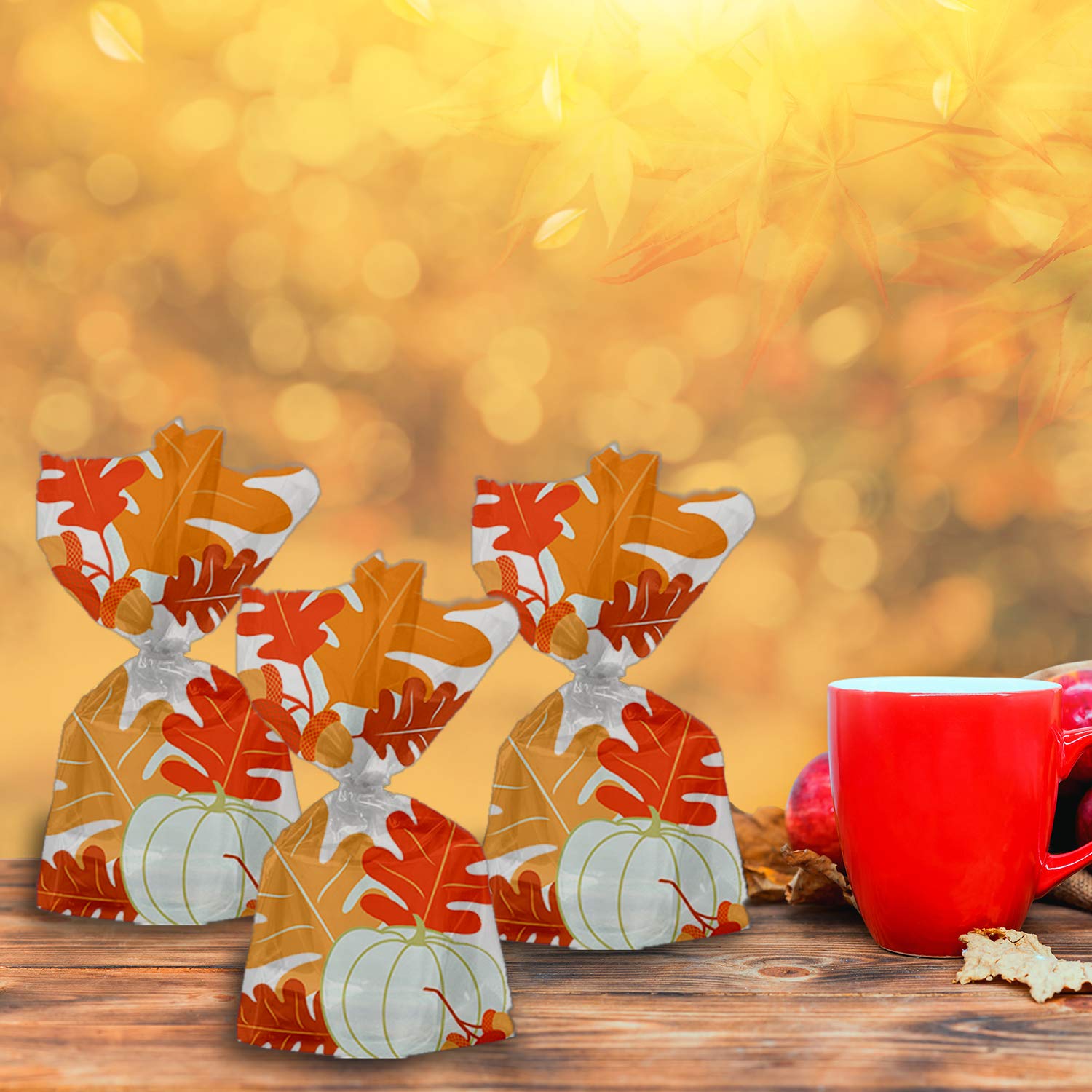 Unique Fall Leaves Cellophane Bags | 20 Count | Autumn, Fall, Thanksgiving and Halloween Party Favor Gift Bag