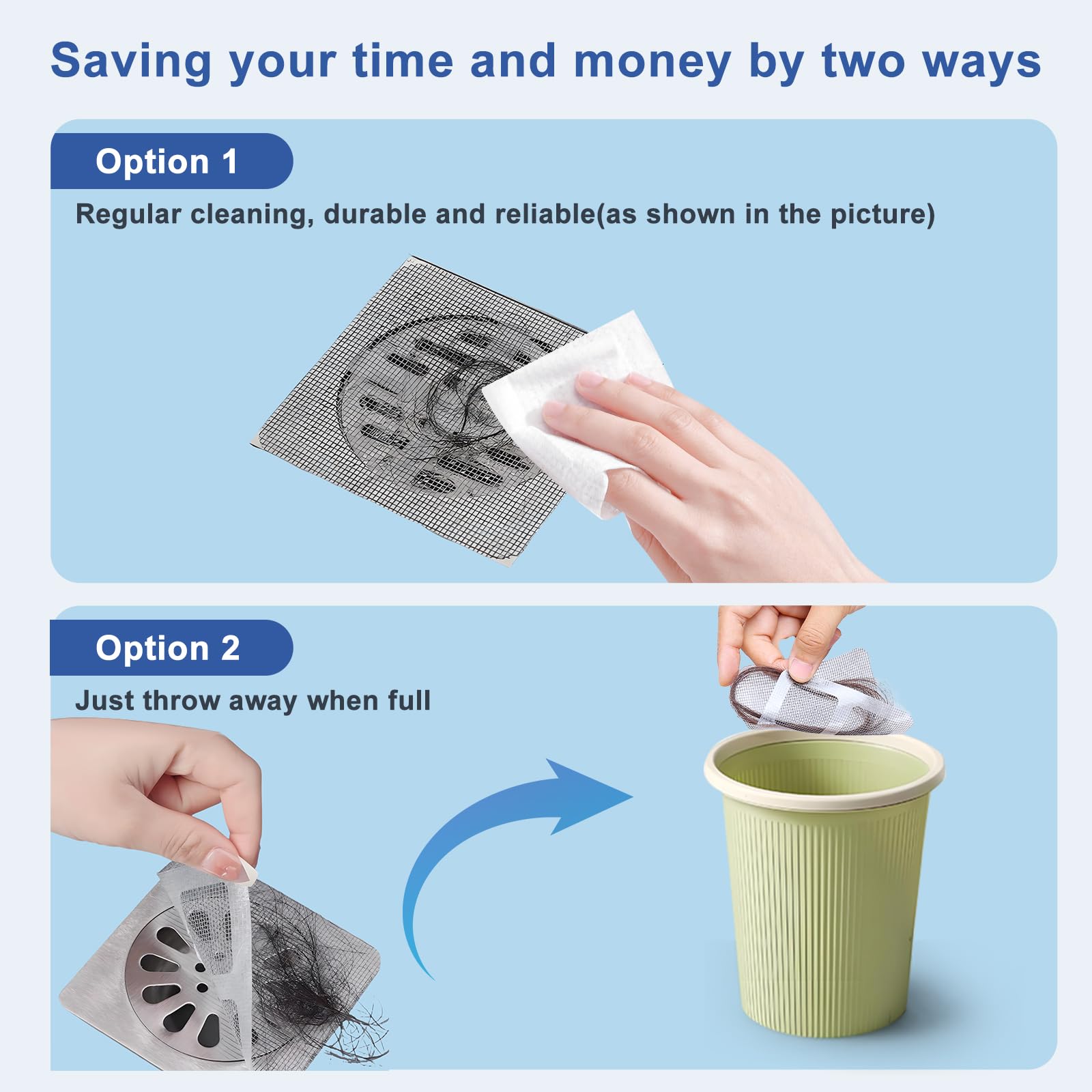 PASAGLU Disposable Drain Hair Catchers, 4" X 4" Disposable Shower Drain Mesh Stickers, Floor Drain Stickers for Bathroom, Laundry, Bathtub, Kitchen, Sink, for Human and pet Hair (50, White)
