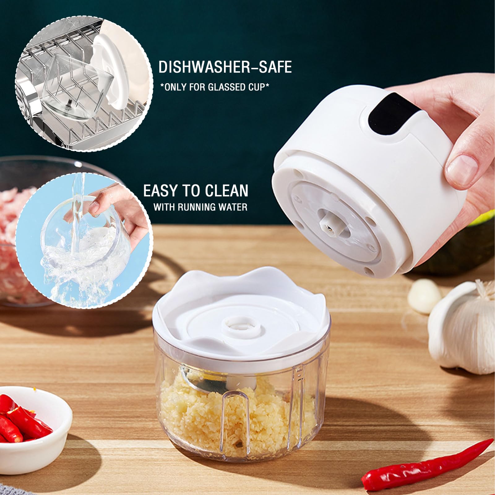 RHAFAYRE Mini Garlic Chopper, Cordless Electric Garlic Chopper Slicer with GLASS Cup, 10Oz Mini Food Grinder Processor for Small Vegetable Onion Tomato Pepper Herb, Anti-slip, incl USB cable, White