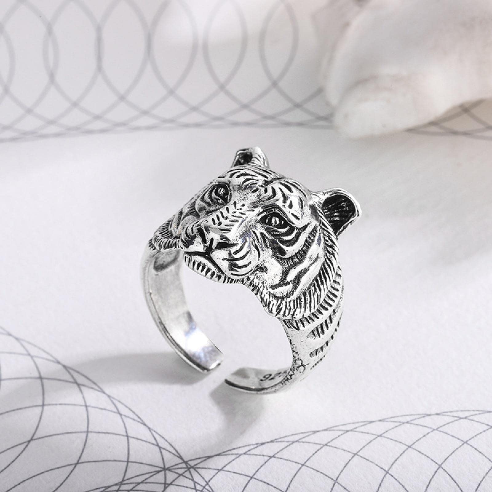 Ladies Sterling Silver Open Ring, Tiger Head Ring, Domineering Personality, Vintage Gothic Silver Plated One Size