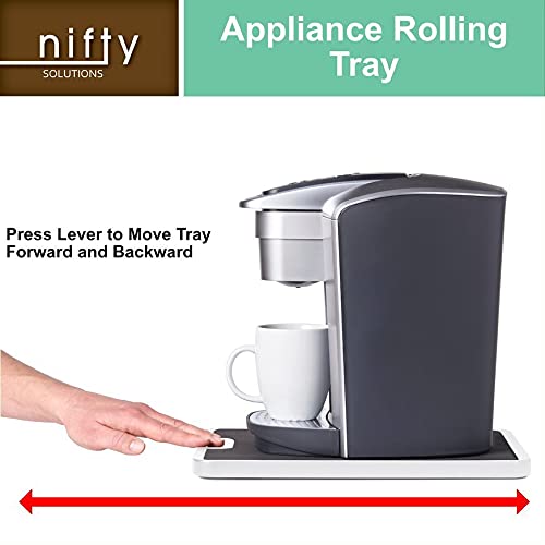 Nifty Small & Medium Appliance Rolling Tray - White, Home Kitchen Counter Organizer, Integrated Rolling System, Non-Slip Pad Top for Coffee Maker, Stand Mixer, Blender, Toaster