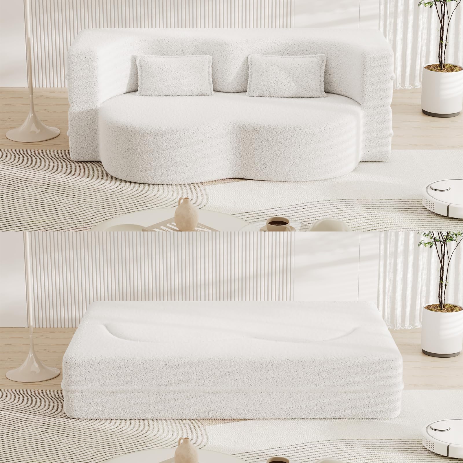 Luoyisimall Folding Modular Floor Love Seat Couch Convertible 78" Full Size Mattress,Modern Teddy Fabric Foam Filled Sleeper Sofa Bed with 2 Pillows for Living Room, Guest Room, Apartment (Beige)