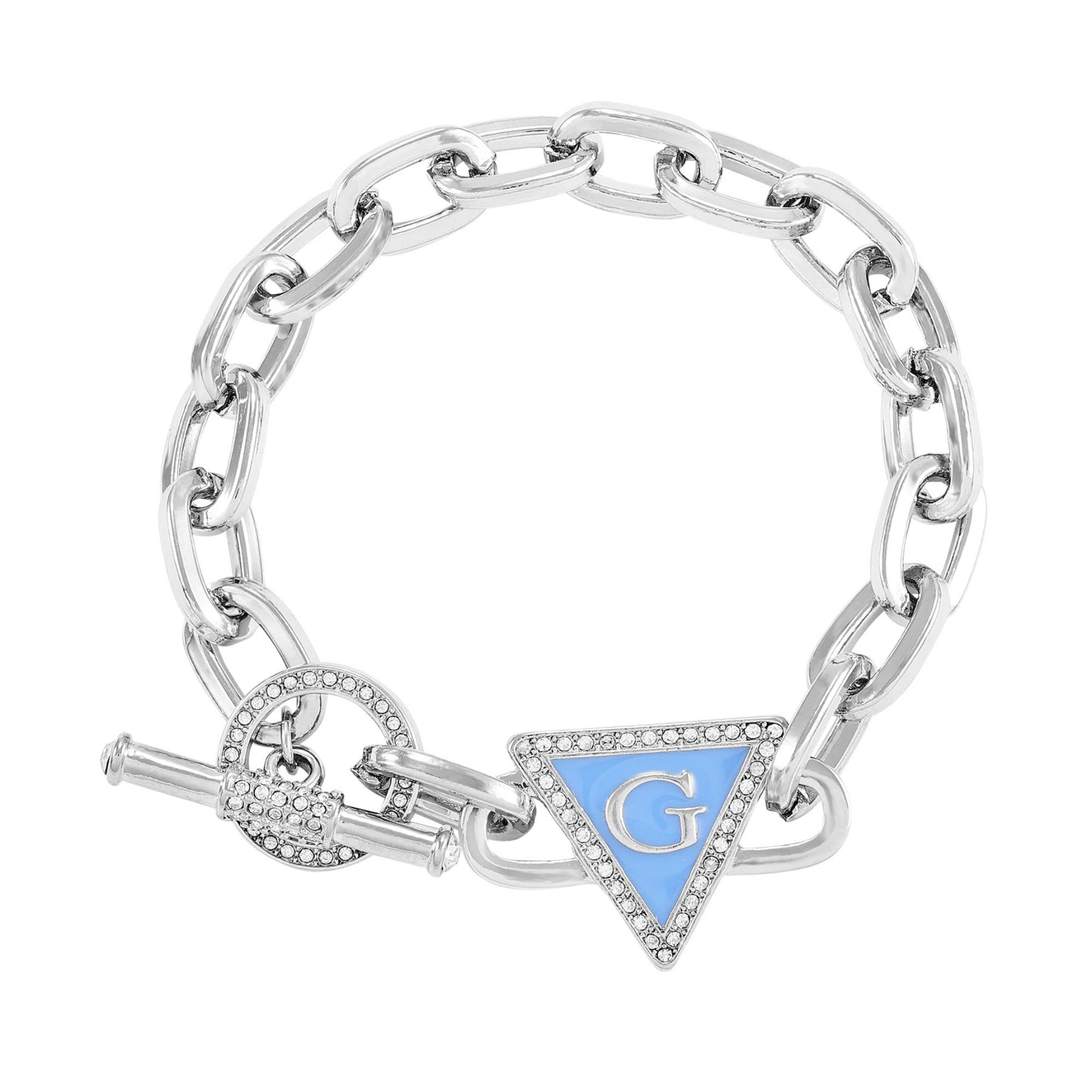 GUESS Silver-Tone Light Blue G Logo Pendant Chain Toggle Bracelet