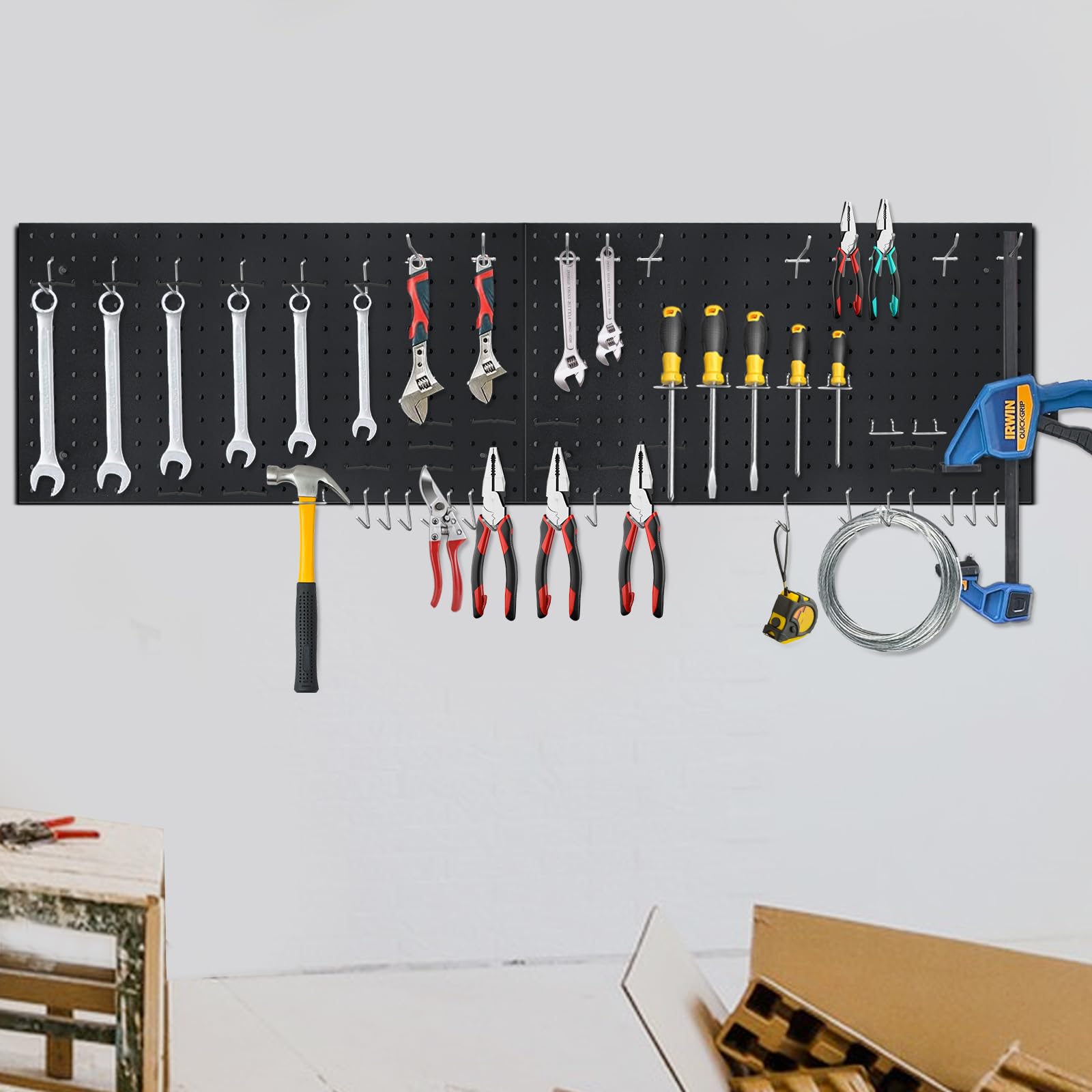 Metal Pegboard Wall Organizer for Garage,4pcs Pegboard Panels 63PCS Pegboard Accessories Organizer Kit with Hooks, Peg Locks, Pegboard Storage System include Mounting Hardware for Workbench, Garage