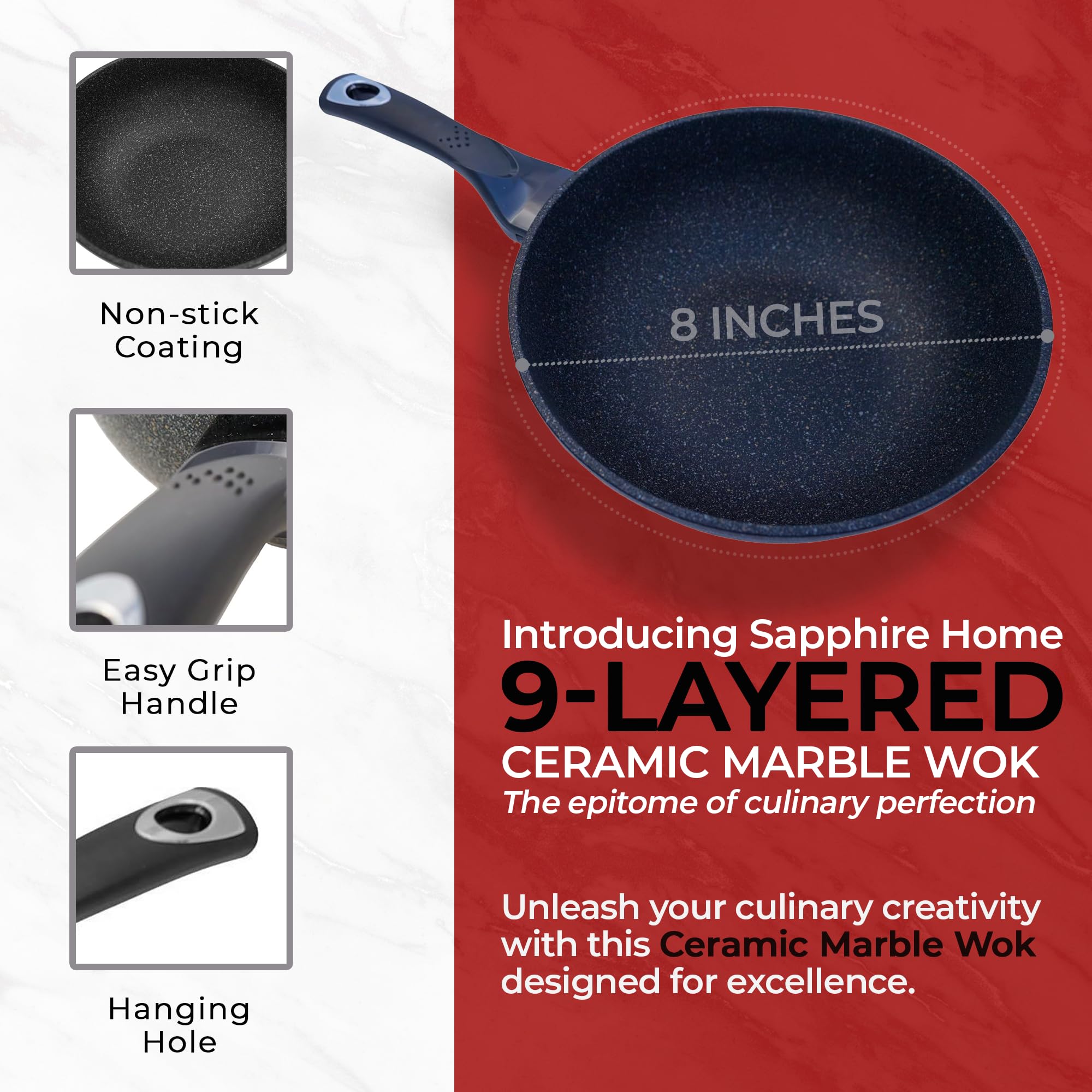 HOME N KITCHENWARE Nonstick Ceramic Wok, Frying Pan - Premium 9-Layered Cookware, Korean Marble-Coated - Easy to Clean Cast Aluminum - Induction Ready for Saute, Stir-Fry, Eggs, Fried Rice 8-Inch
