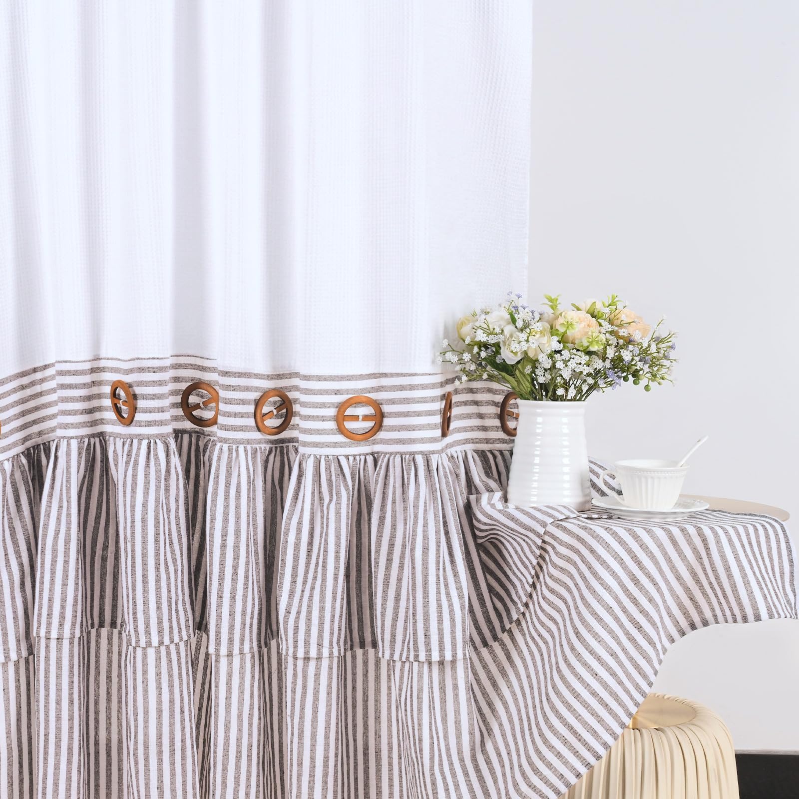Farmhouse Kitchen Curtains Cotton Blend Waffle Weave Tier Curtains Tab Top Boho Rustic Button Curtains Brown Stripe Light Filtering Small Curtain for Kitchen Bathroom Bedroom 26''W x 36''L, 2 Panels
