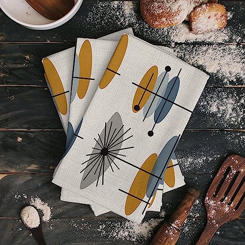 Yun Nist Kitchen Dish Towels,Retro Grey Blue Orange Oval Soft Microfiber Dish Cloths Reusable Hand Towels,Mid Century Abstract Geometry Linen Washable Tea Towel for Dishes Counters 1 Pack