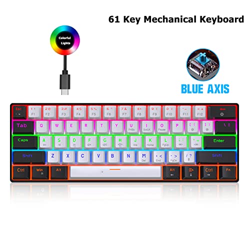 Mechanical Gaming Keyboard 61-Key Wired 60% Compact Green Switch Cool Lightweight Portable Black Bottom Case for Notebook PC All-in-One,White