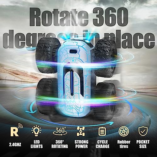 TRIPLEFINE Remote Control Car for Kids 8-12, 360°Rotating with 2 Batteries, Double-Sided RC Car Stunt Car Toy, 2.4Ghz Remote Control with LED Lights and Headlights