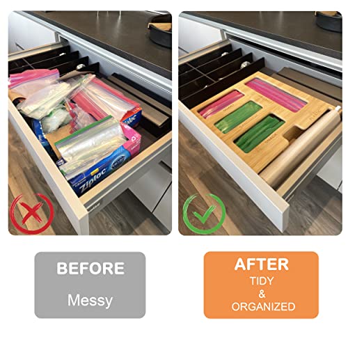 MillTu Ziplock Bag Storage Organizer for Kitchen Drawer, 5 in 1 Bamboo Food Storage Bag Organizer with Plastic Wrap Organizer, Compatible with Gallon, Quart, Sandwich, Snack Bag & Kitchen Rolls