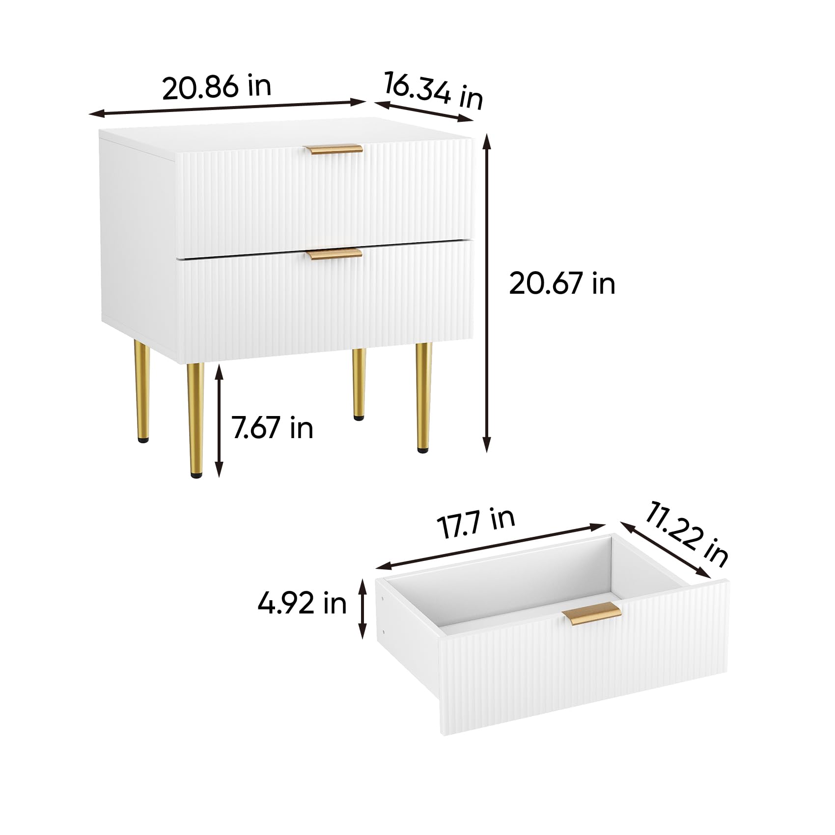 Semiocthome White Nightstand, Mid Century Modern Night Stand with 2 Wave Fluted Panel Drawers, Bedside Table with Gold Metal Legs, Bedroom Set Wide Tabletop Bed Side Table, End Tables for Living Room