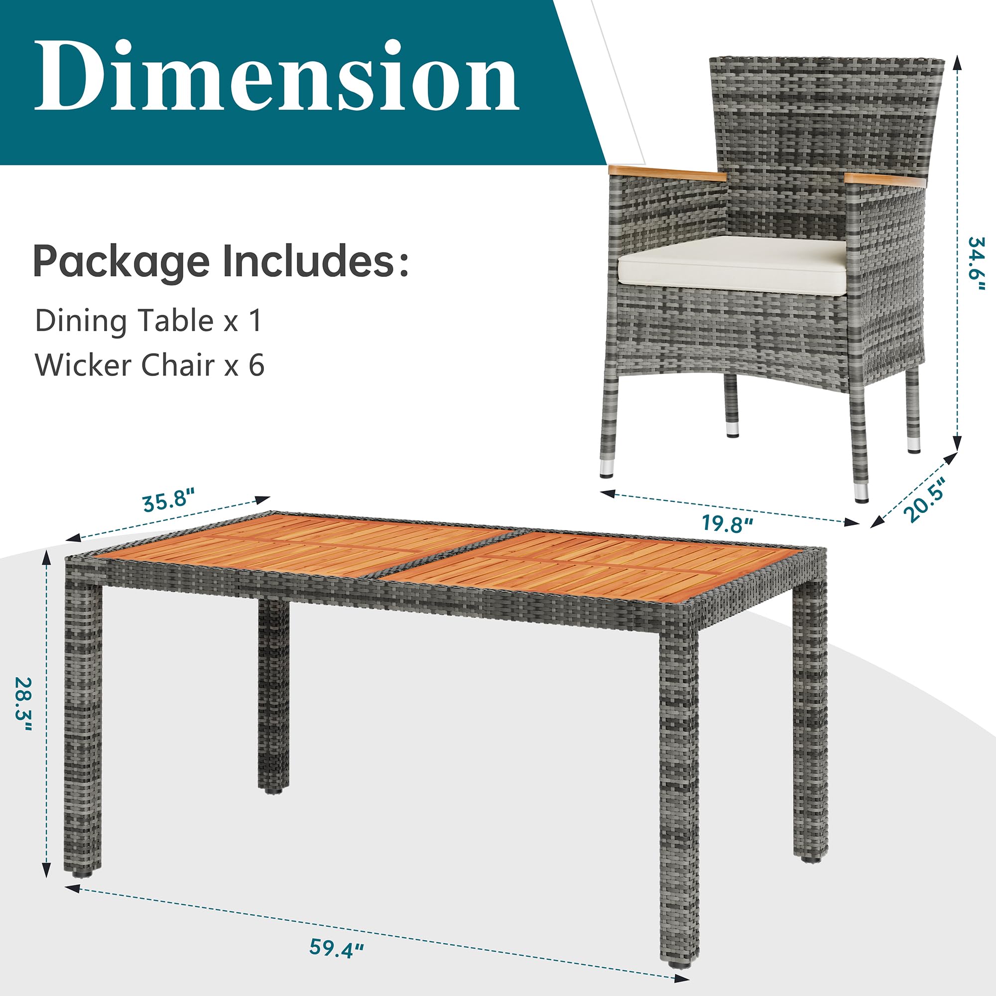 Shintenchi 7 Piece Patio Dining Set, Wicker Patio Conversation Set with Wood Table Top, Outdoor Table and Chairs with Soft Cushions for Backyard, Deck and Garden, Grey Rattan