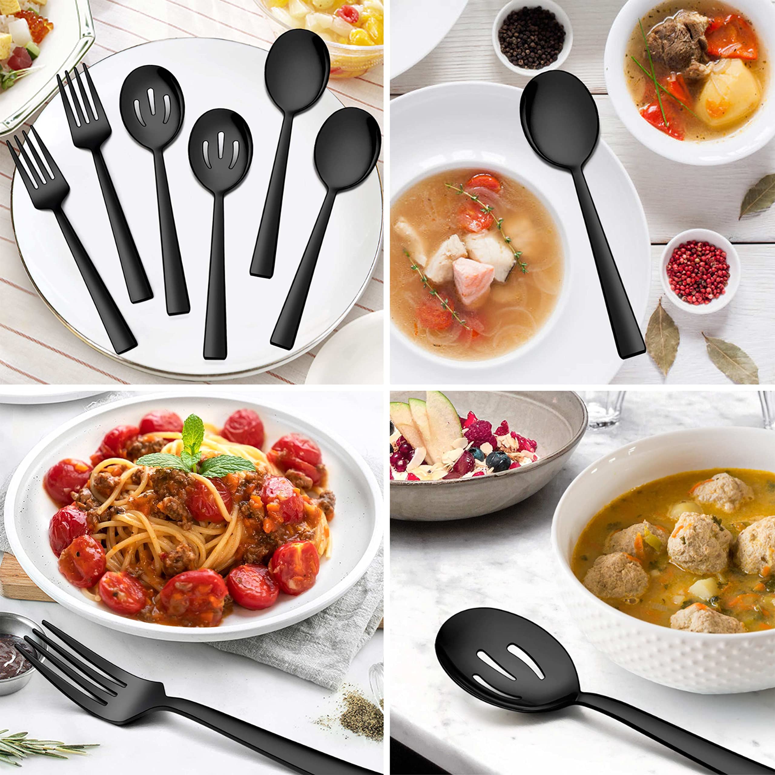 Homikit 66-Piece Shiny Black Silverware Set with Serving Utensils, Stainless Steel Square Flatware Cutlery for 12, Home Restaurant Eating Utensils with Fork Spoon Knife, Mirror Polish, Dishwasher Safe