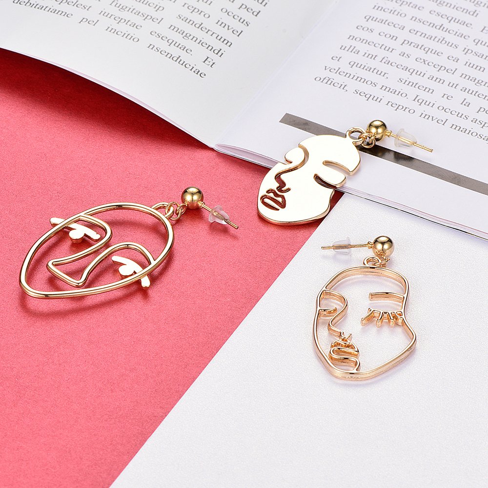 Face Abstract Gold Statement Earrings - Mookoo 3 Pair Vintage Hypoallergenic Dangle Stud for Girls Teens Women