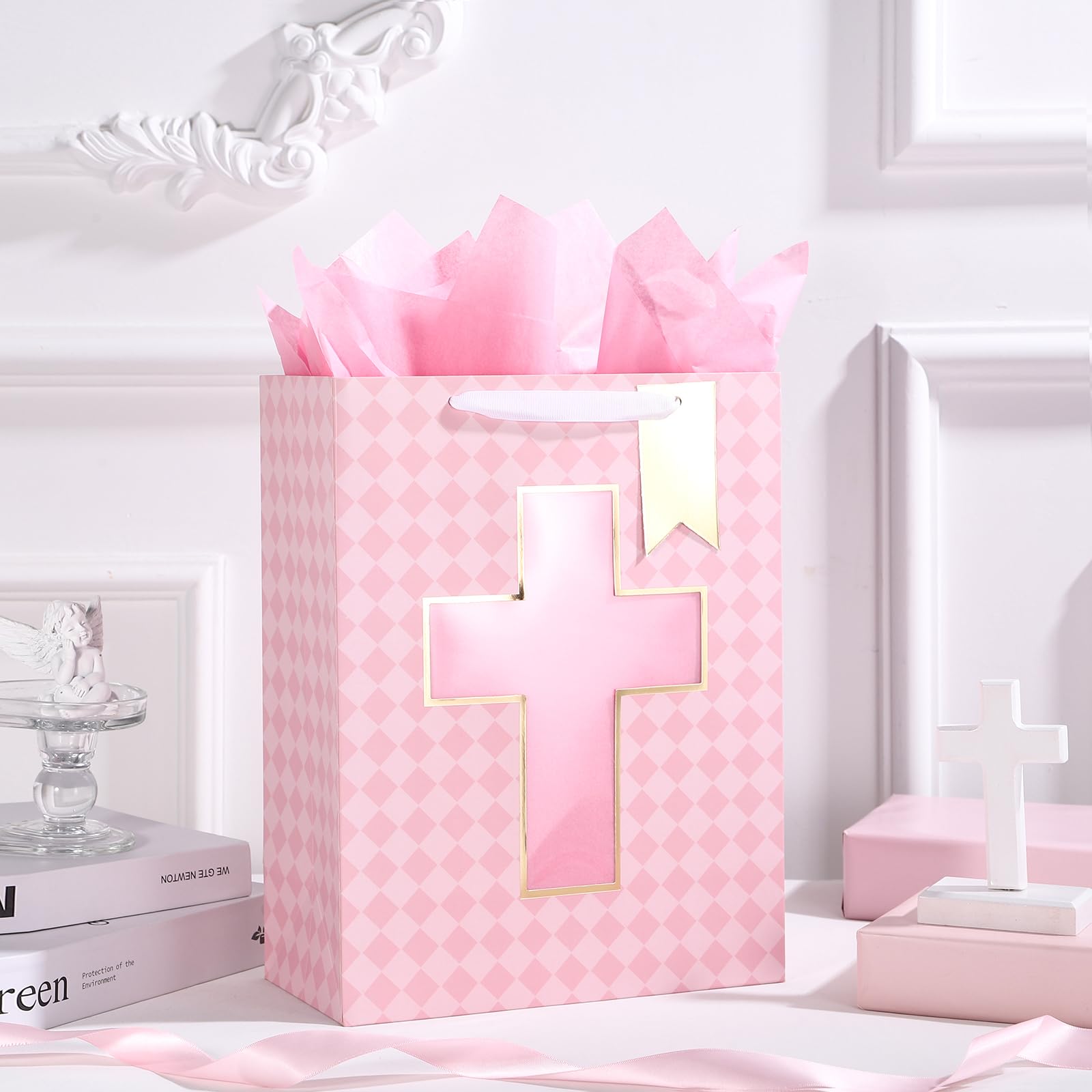 Loveinside Gift Bag with Pink Diamond and Cross Design, Tissue Paper for Baby Girl Baptisms, Christenings, First Communions Religious Occasion - 10" x 5" x 13", 1 Pcs