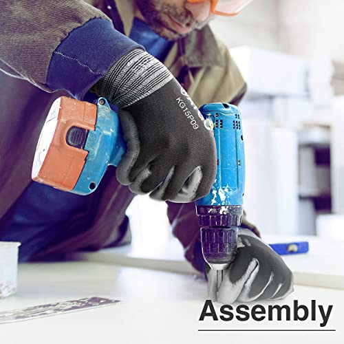 KAYGO Work Gloves PU Coated-12 Pairs, KG15P,Nylon Lite Polyurethane Safety Work Gloves, Gray Polyurethane Coated, Knit Wrist Cuff,Ideal for Light Duty Work (Large, Black)