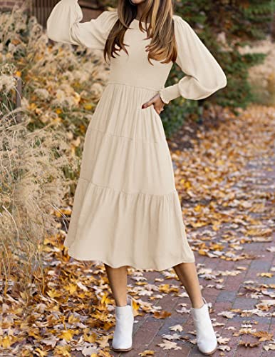 ZESICA Women's 2023 Casual Long Sleeve Crew Neck High Waist Smocked Flowy Tiered Midi Dress,Beige,Medium
