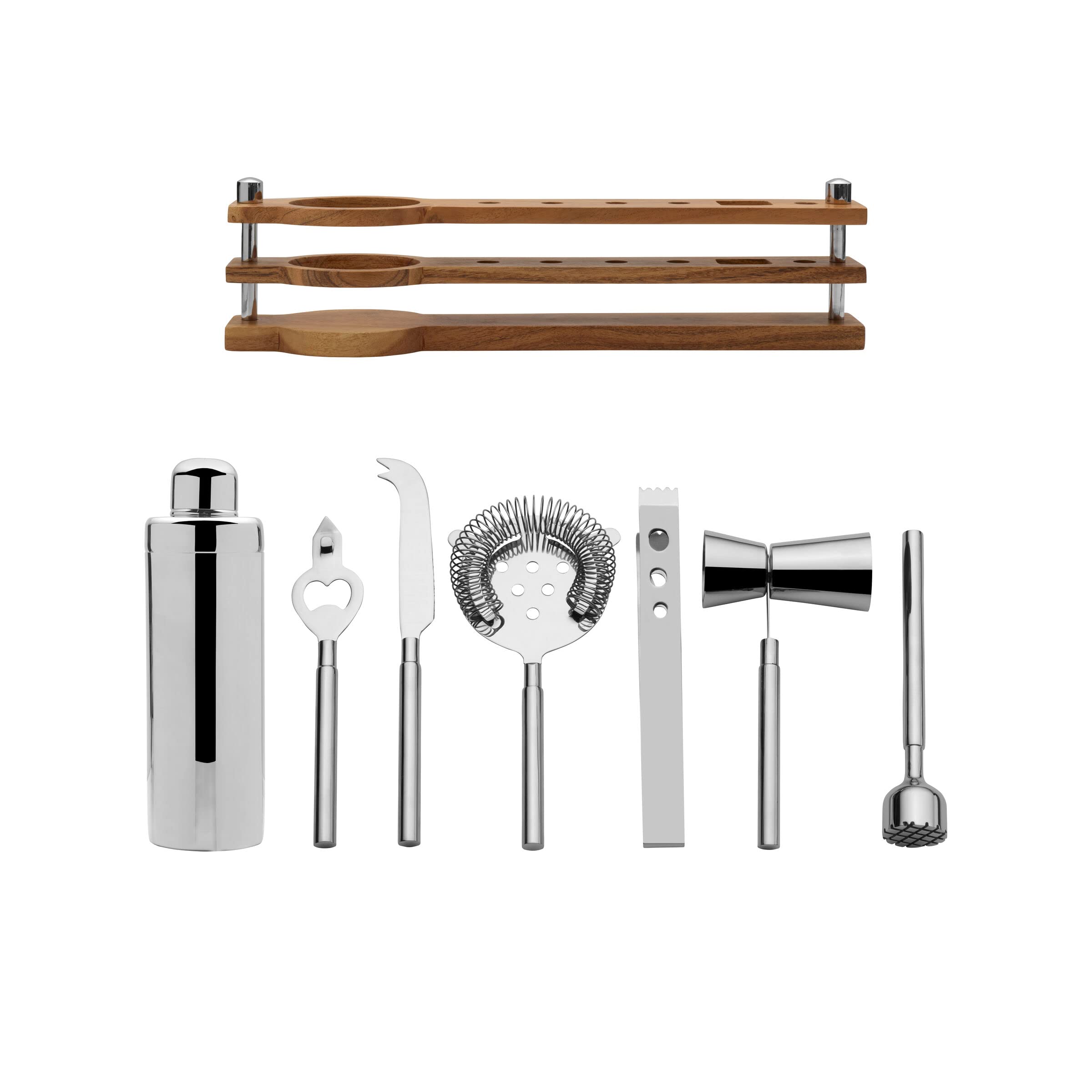 Mikasa Bliss Bar Tool Set with Wooden Stand, 8 Piece, Stainless Steel