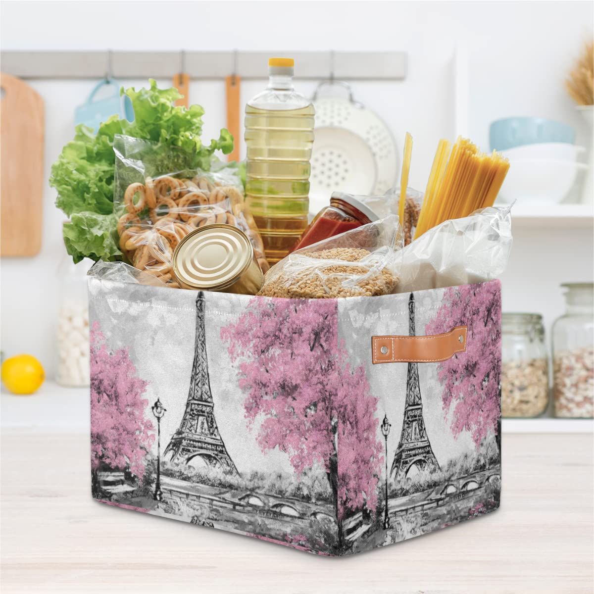 Shelf Storage Basket French Paris Eiffel Tower Canvas Large Storage Collapsible Organizer Toy Boxes Clothes Laundry Storage Bins Cubes with Handles for Closet Bedroom Nursery Home Office 2 Pack