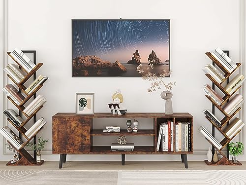 Yusong Tree Bookshelf, Geometric Bookcase with Steel Pipe for Living Room Bedroom, Floor Standing Shelves for Home Office (Rustic Brown, 9 Tier)