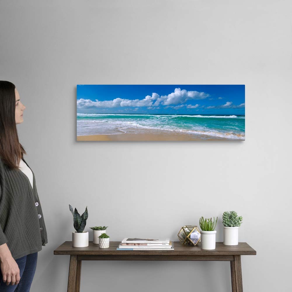 GREATBIGCANVAS Waves crashing on the beach, Sunset Canvas Wall Art Print, Coastal Home Decor Artwork, 60"x20"x1.5"
