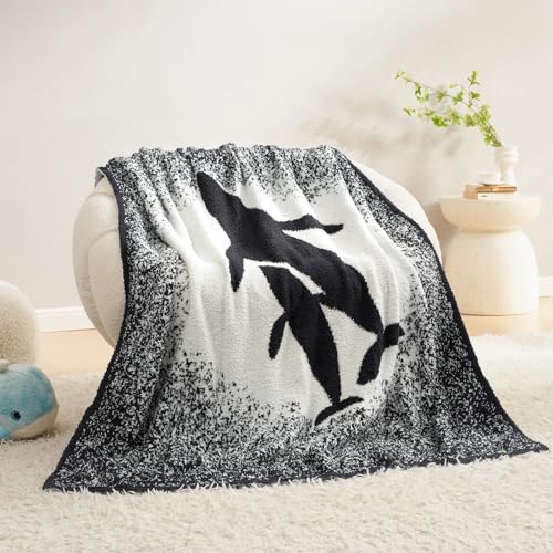 Snuggle Sac Whale Knitted Throw Blanket, Super Soft Reversible Fluffy Shark Plush Blankets, Luxurious Microfiber Whale Blanket Throw for Couch, Bed, Gift for Kids & Parents, Black, 50x60 inches