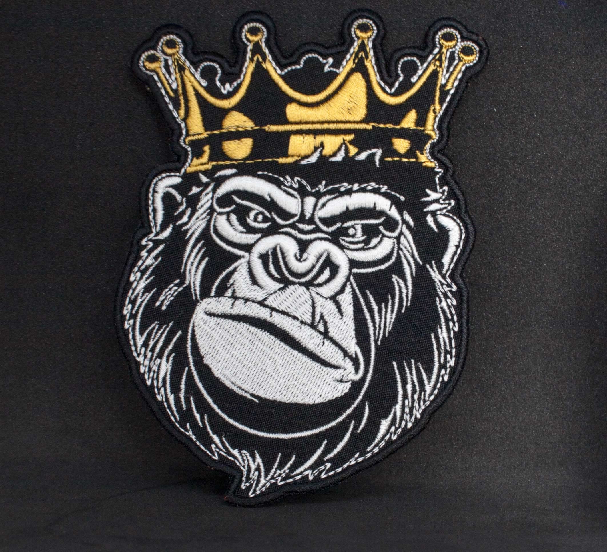 Gorilla King with Gold Crown Embroidered Patch. Iron On. Size: 5.5 X 4 inches.
