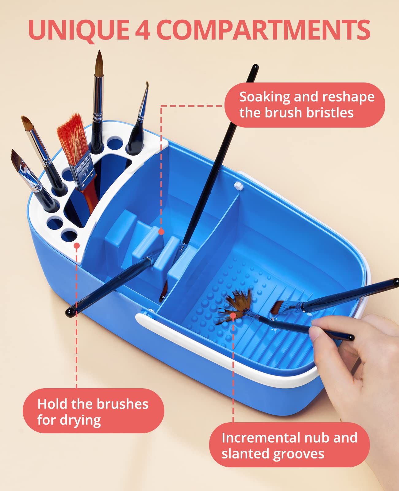 GAMENOTE Paint Brush Cleaner, Misty Grey+White, 10" x 5.5" x 4.5", Brush Basin with 18 Wells, 3 Compartments for Washing, Lightweight and Portable