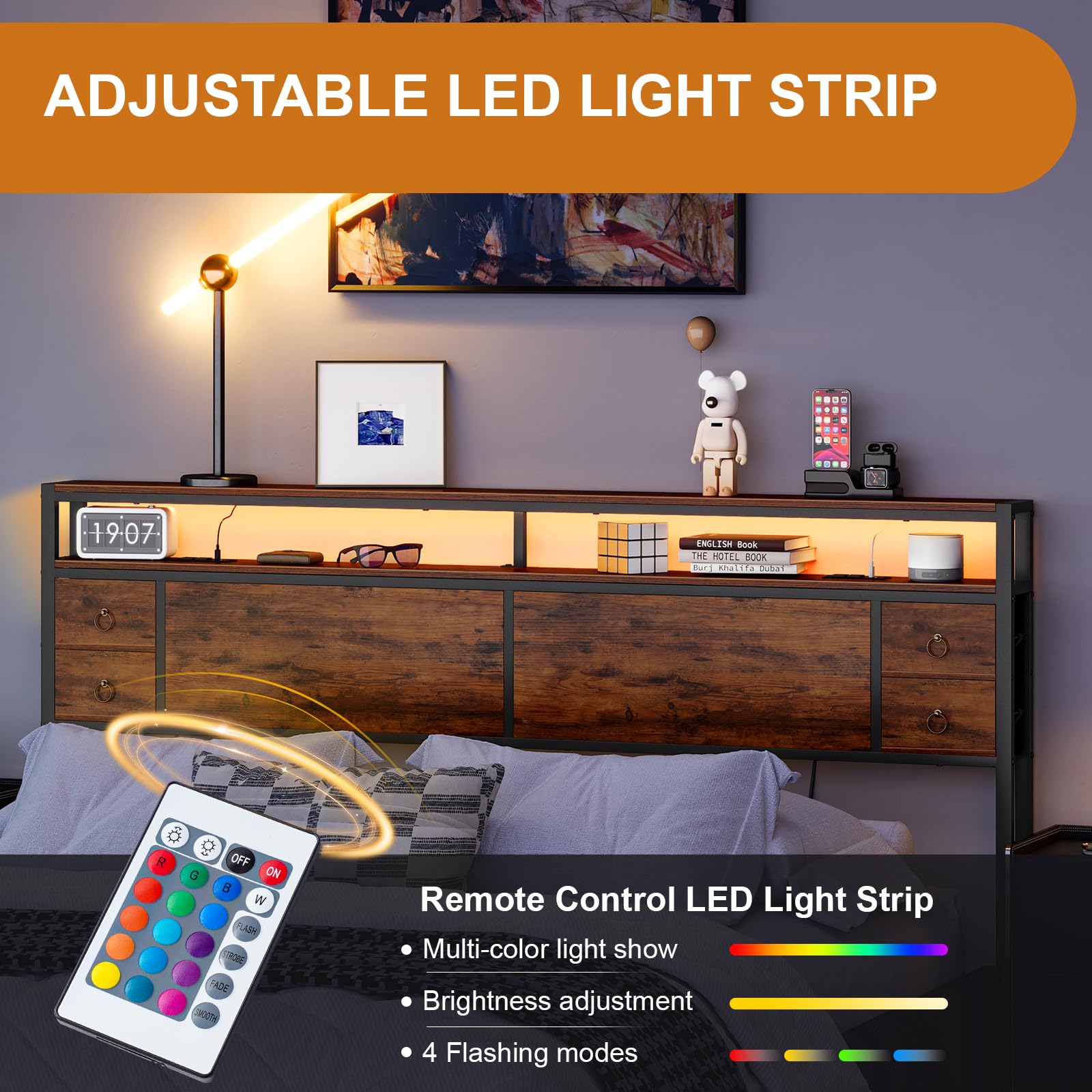 Snughome King Size Headboard, LED Headboard with 4 Storage drawers, King Headboard with Charging Outlets and USB Ports, Adjustable Height, Sturdy and Stable, Easy Assembly