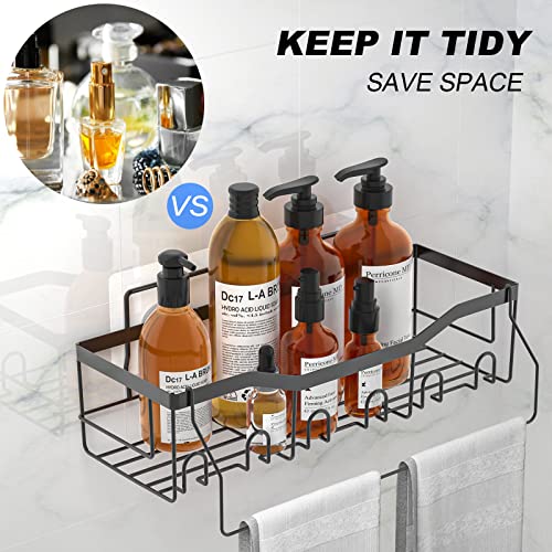 Shower Caddy Shelves, Adhesive Shower Organizer,Rustproof Stainless Steel Shower Shelf for Inside Shower, No Drilling Rustproof Bathroom Shower Caddy Basket Shelf with Soap Holder and 4 Hooks (Black)