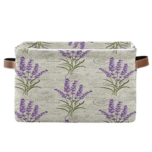 Kcldeci Lavender Storage Baskets Bins for Organizing, Vintage Postcard Floral Purple Flower Foldable Sturdy Fabric Basket W/Handles, Large Decorative Storage Basket for Shelf Nursery Closet Toy Blanke