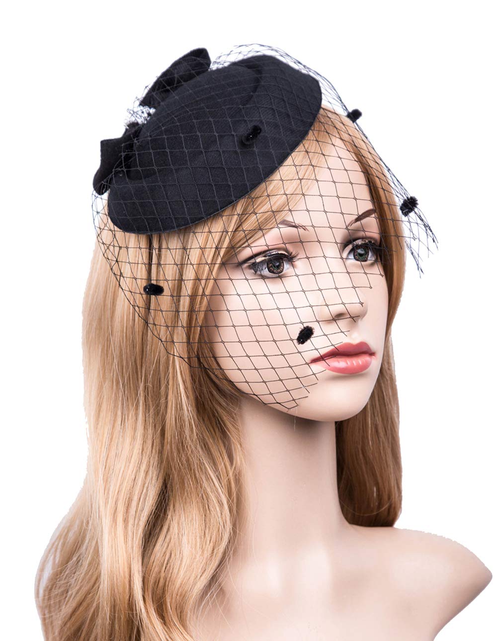 Fascinators Hats 20s 50s Hat Pillbox Hat Cocktail Tea Party Headwear with Veil for Girls and Women(C-black)