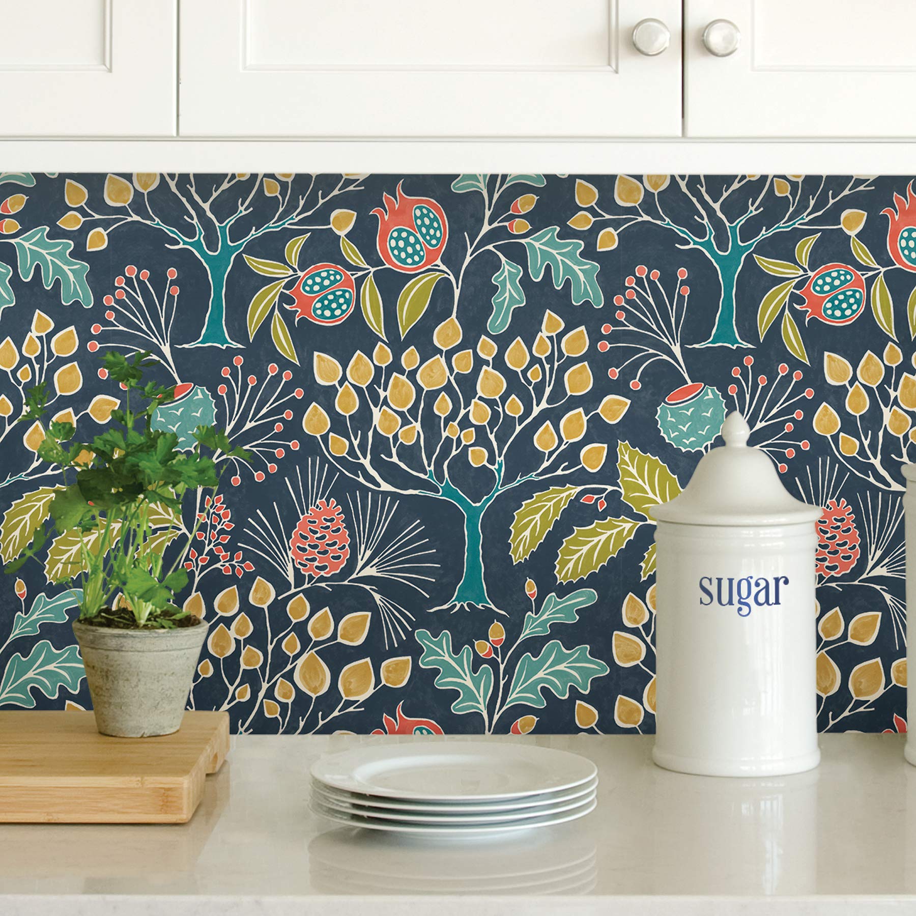 NuWallpaper NU3038 Groovy Garden Navy Peel & Stick Wallpaper, Multicolor