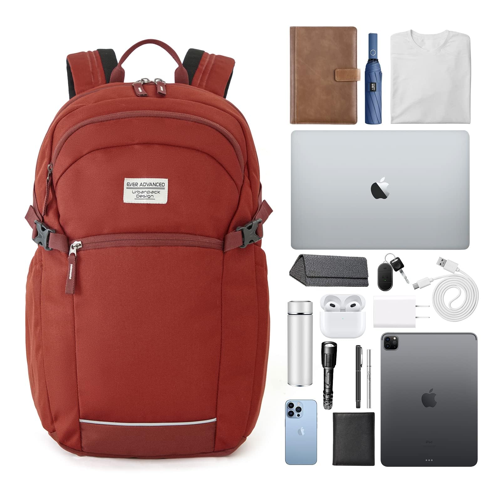 EVER ADVANCED Work Backpack, Travel Laptop Backpack for Women Men with Luggage Sleeve, Fit 15.6Inch Laptop, Water Resistant Bookbag Carry on BagPack, Red