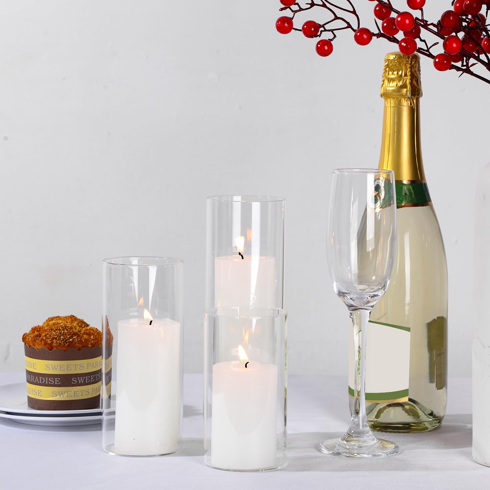 Shihanee Set of 36 Pillar Candles and Glass Cylinder Vases Clear Cylinder Candle Holders for Slim Pillar Candles Wedding Centerpieces (White,2.6'' X 4.7'', 5.9'', 7.9'')
