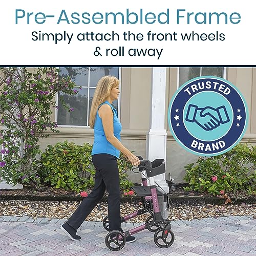 Vive Mobility Rollator Walker - Folding 4 Wheel Medical Rolling Walker with Seat & Bag - Mobility Aid for Adult, Senior, Elderly & Handicap - Aluminum Transport Chair (Pink)