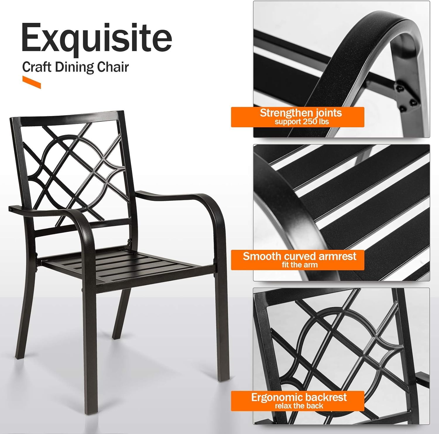 Patiomore Wrought Iron Patio Outdoor Dining Chairs, Portable Black Outdoor Patio Chairs Set of 2, Stackable Indoor Outdoor Bistro Deck Metal Chairs for Garden Backyard Lawn, Support 300 lbs