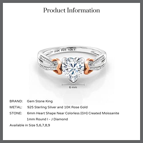 Gem Stone King 925 Sterling Silver and 10K Rose Gold White Heart Shape Moissanite and White Diamond Women Ring (0.81 Cttw, Available In Size 5, 6, 7, 8, 9)