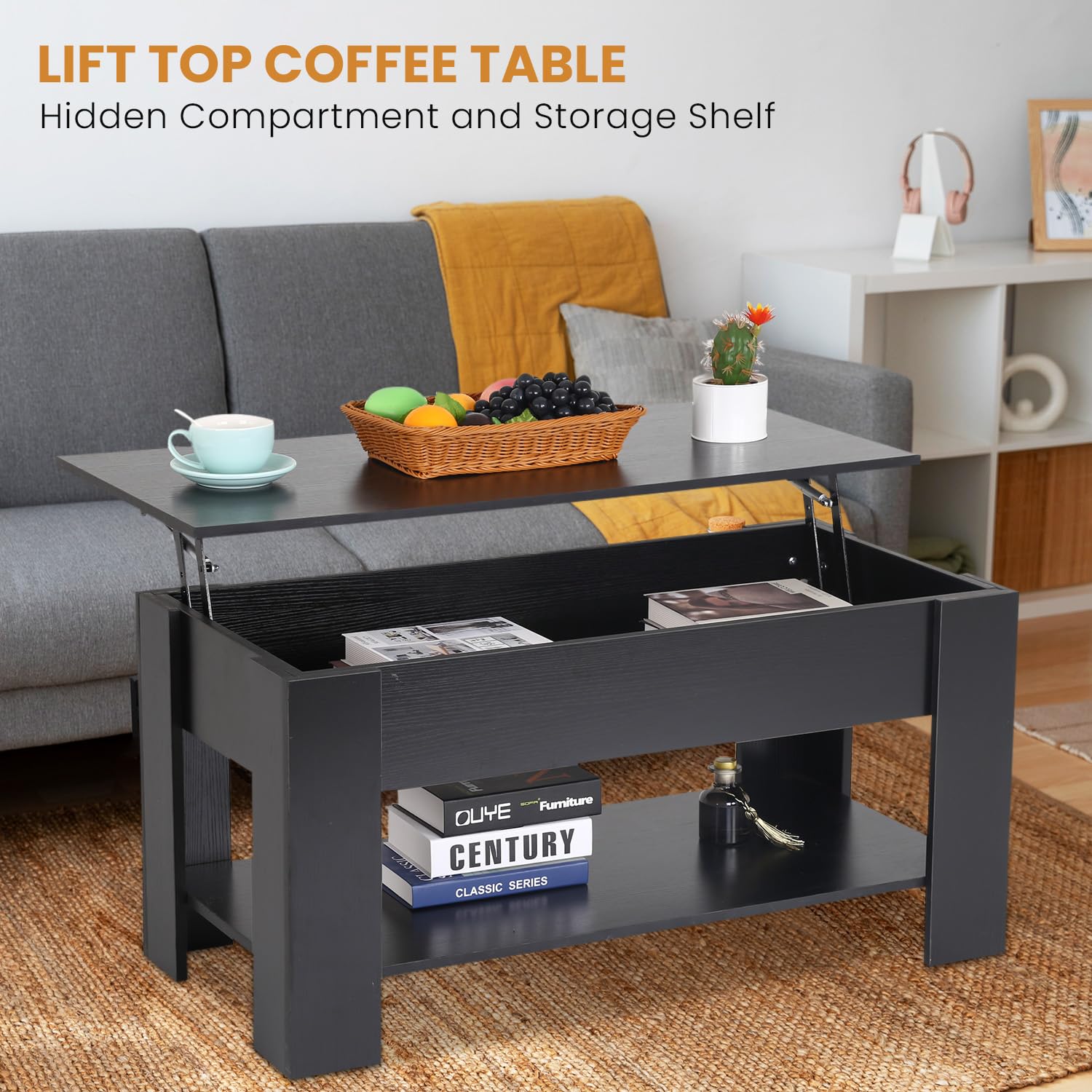 MGHH Wooden Lift Top Coffee Table Furniture with Storage Shelf and Hidden Compartment Lift Tabletop Dining Table for Home Office,Black