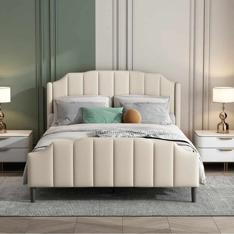 FDSPDO Queen Size Upholstered Platform Bed with Headboard and Footboard,No Box Spring Needed, Velvet Fabric,Beige