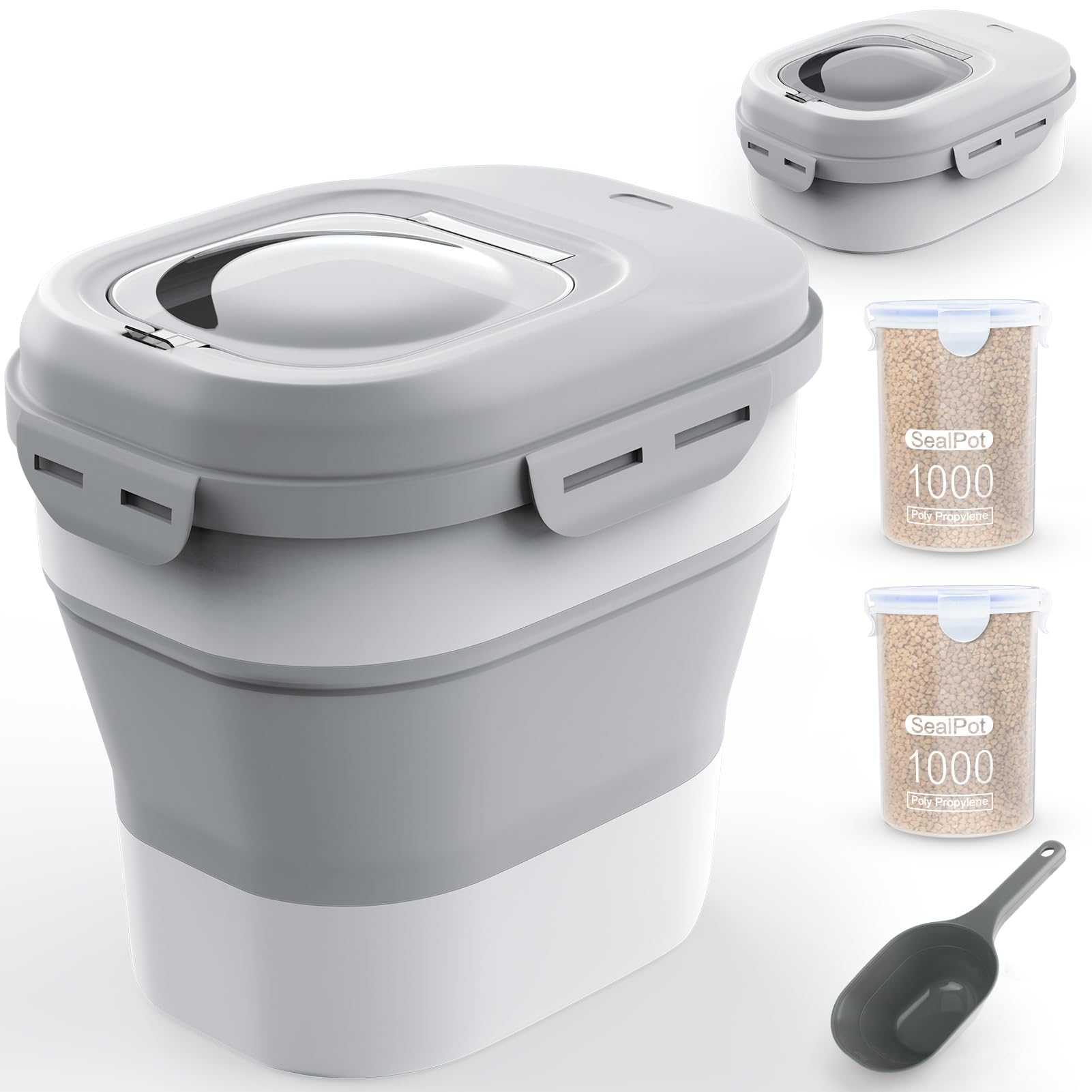 Rice Storage Containers, Collapsible 20-50Lbs Food Storage Bin with Rolling Wheel Airtight Lid,Flour Storage Container with Small Food Container & Scoop for Flour, Sugar, Cereal and Dog Cat Pet food