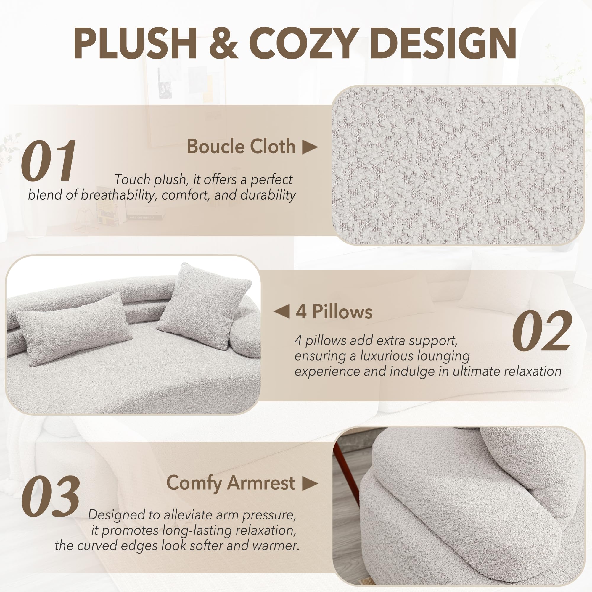 LuxyHoom 139'' Sectional Sofa Couch, Modern Modular Sofa, Minimalist Curved Sofa, 4 Pillows, 4 Seat Comfy Cloud Sofa for Living Room Furniture Set, Apartment, Hotel, No Assembly Required, Light Grey