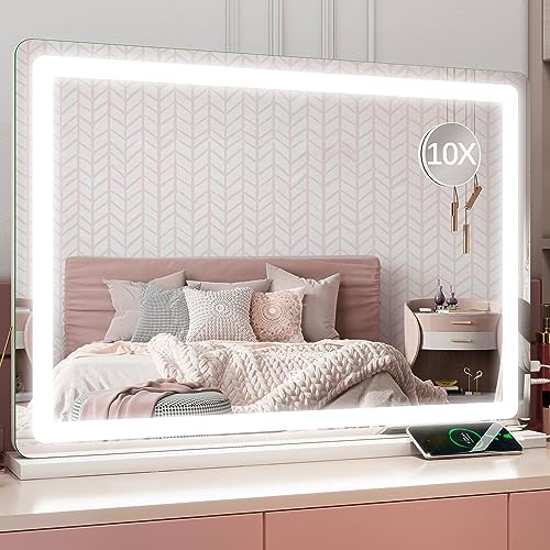 ROLOVE Vanity Mirror with Lights, 32" x 22" Large Lighted Vanity Mirror with Dimmable 3 Modes, LED Makeup Mirror with Detachable 10X Magnification, Touch Screen Control, for Makeup Desk, Dressing Room