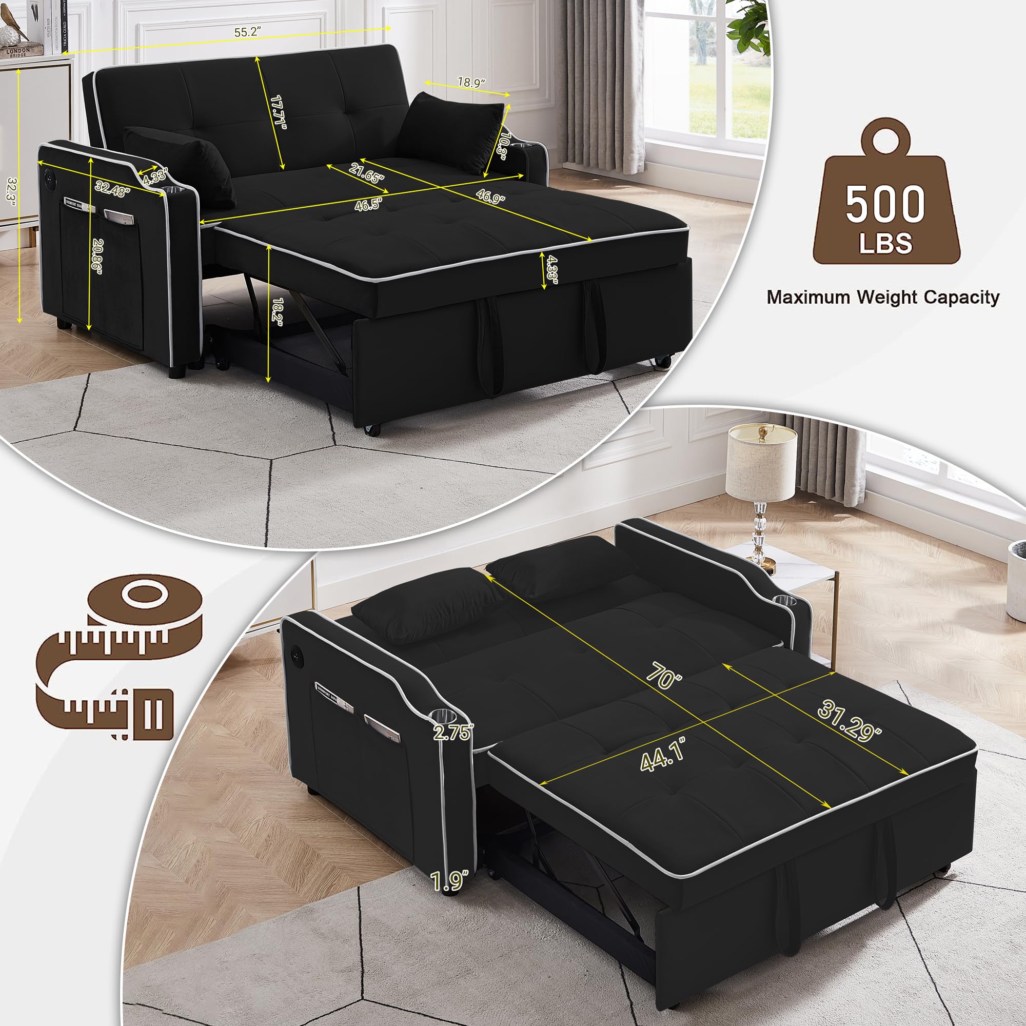 SumKea Loveseat Sleeper Sofa Bed Pull Out Couch Comfortable Chenille Fabric, Adjustable Backrest, Resilient Sponge Cushions, Sturdy Wood Frame, Side Storage Pockets, Black