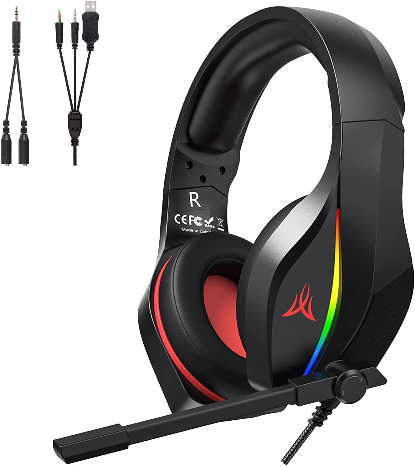Gaming Headset for Ps4 PC Xbox one Ps5 Controller, Professional Gaming Headset with Noise Cancelling Mic and RGB Light, Spatial Surround Sound, Headset with High Protein Memory Foam Earpads and Mic