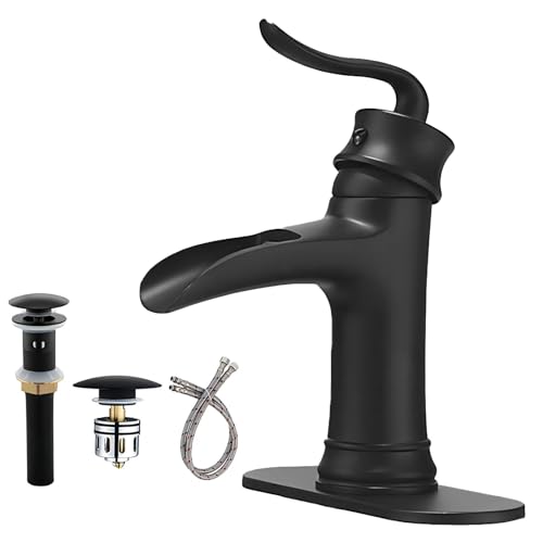 Matte Black Bathroom Sink Faucet Single Hole Waterfall One Handle for Vanity with Brass Pop Up Drain by Yodel Faucet