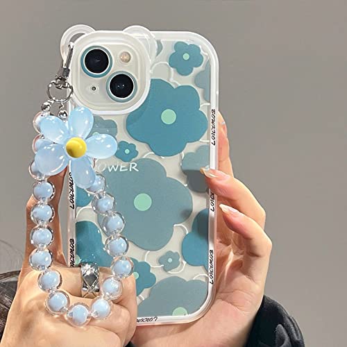 NITITOP Compatible for iPhone 13 Case Clear Floral Bear Camera Lens Case with Lovely Flower Bracelet Chain for Women Girls, Soft TPU Shockproof Cover-Blue