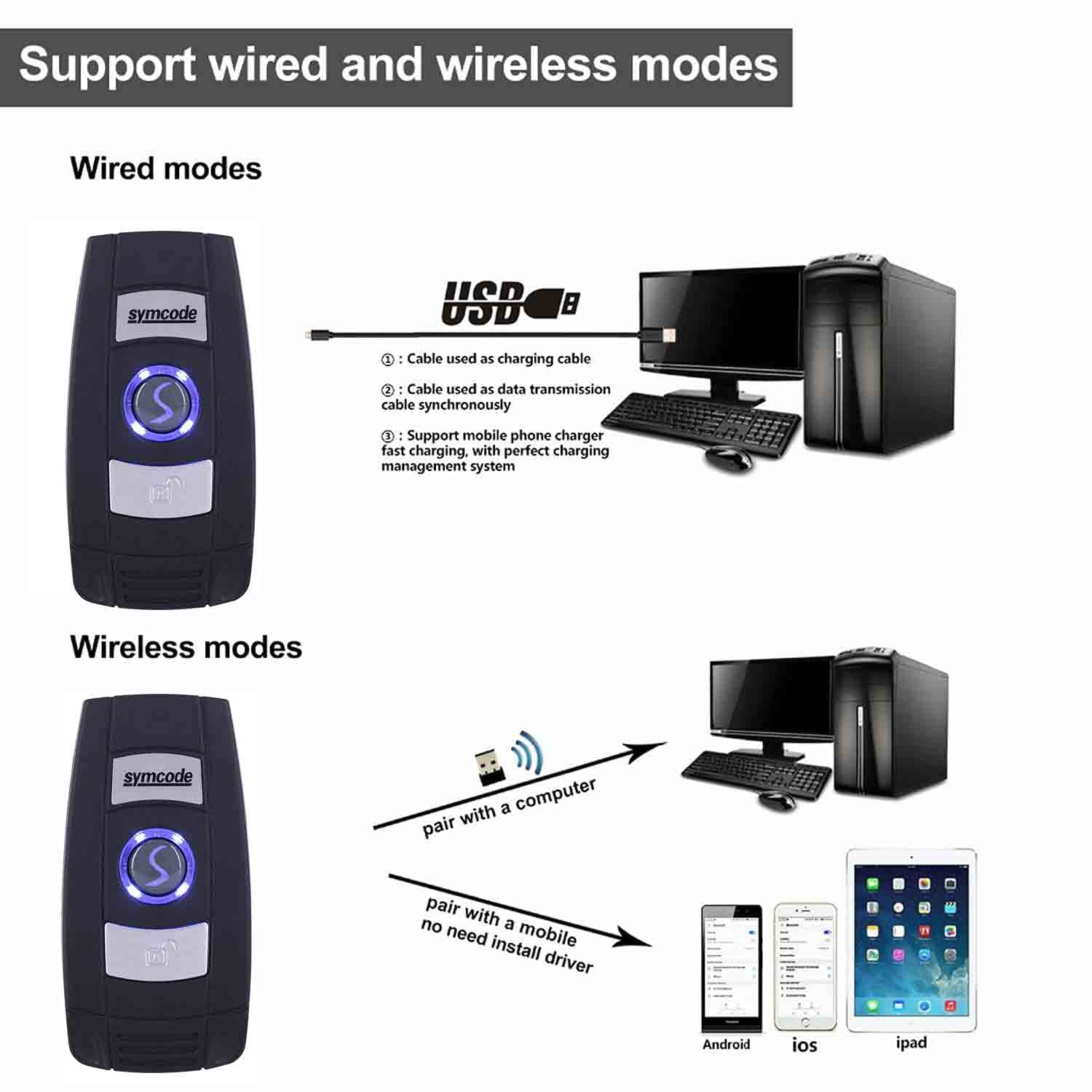 Mini 1D Bluetooth Barcode Scanner Wireless Bar Code Scanner 3-in-1 Bluetooth/USB Wired/2.4G Wireless Barcode Reader laser Code Scanner for Inventory Code Image Reader for Tablet iPhone iPad Android PC